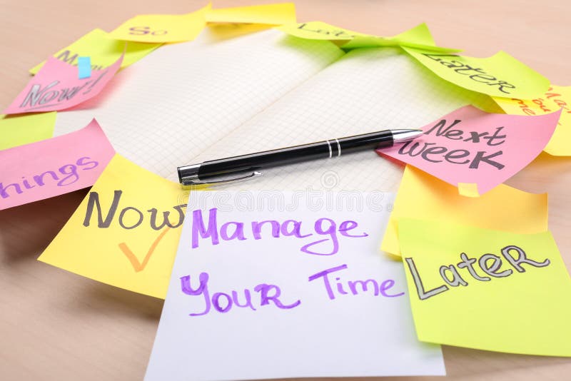 Open Notebook and Colorful Paper Notes on Table, Closeup. Time ...