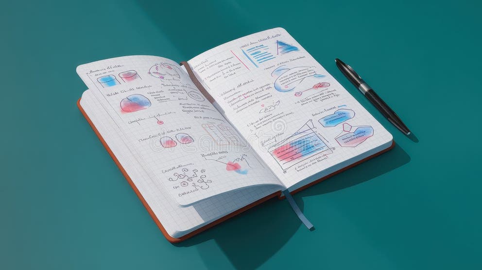 Open Notebook with Colorful Sketches and Notes on a Teal Background ...