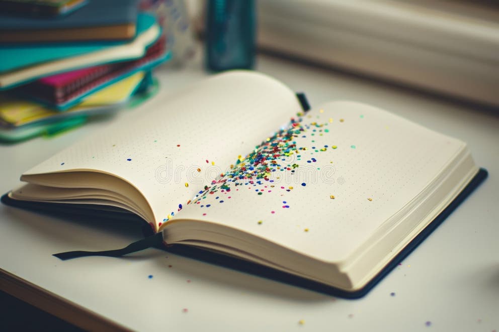 Open Notebook with Confetti between the Pages on Desk Stock Image ...