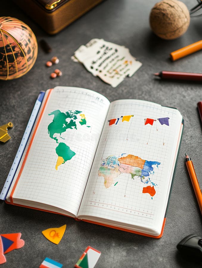 Open Notebook Displaying a Colorful World Map Surrounded by Stationery ...