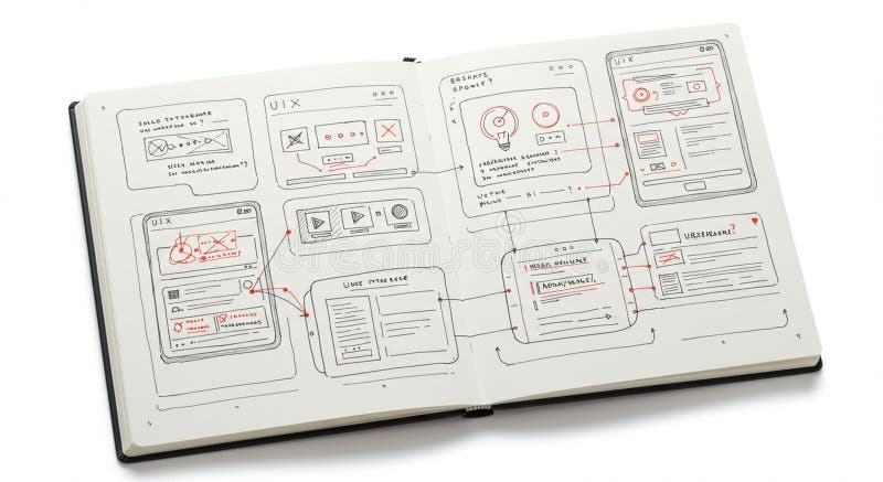 Open Notebook Displaying Wireframe Sketches of User Interfaces. Pages ...