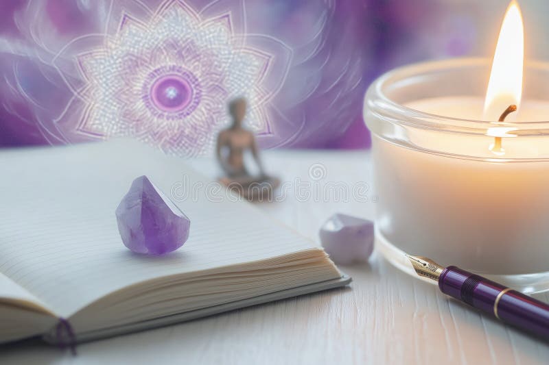Spiritual Notebook and Crystal Setup on a Minimalistic Desk with Energy ...