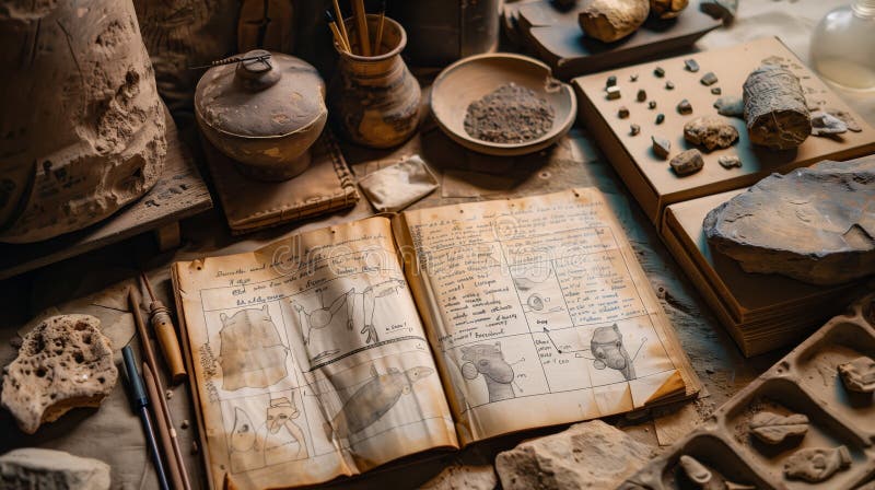 Open Notebook with Drawings and Artifacts on a Work Table Stock Photo ...