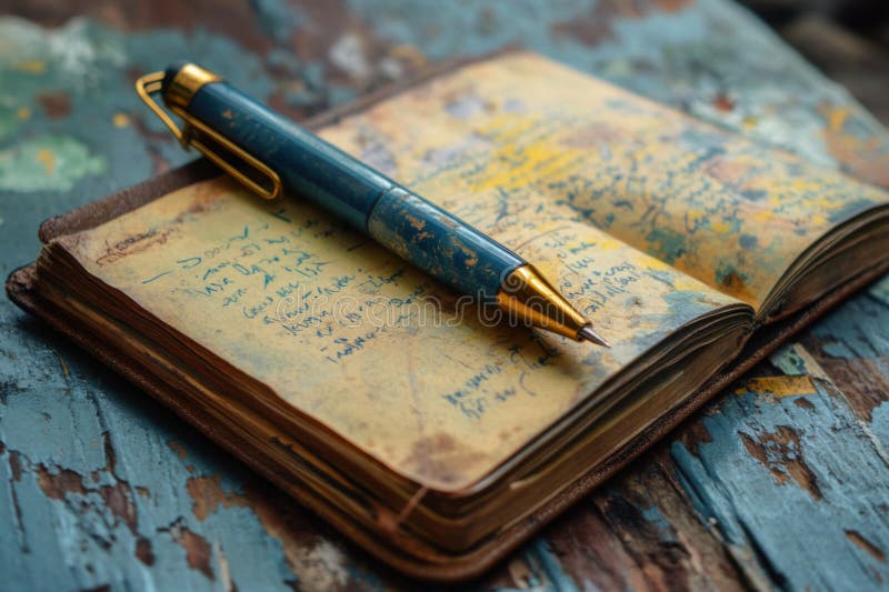 Old Notebook with Handwritten Notes and a Pen Resting on a Weathered ...