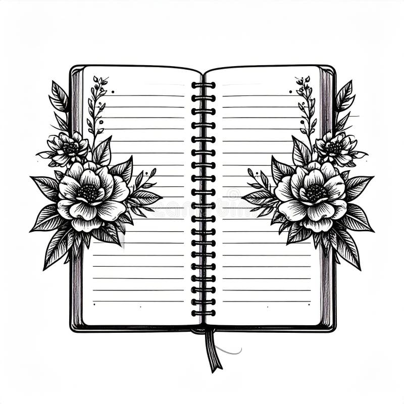 Open Notebook with Floral Line Art Illustration Stock Illustration ...