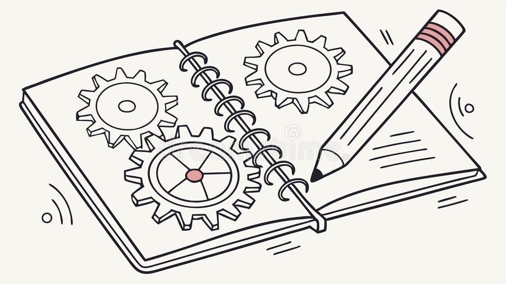 Open Notebook with Gears, Mechanical Notes and Process Documentation ...