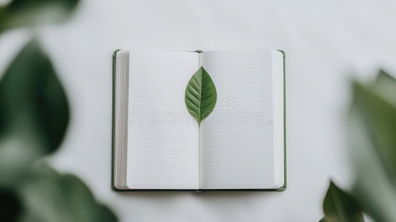 Open Notebook with a Green Leaf Placed on Blank Pages Surrounded by ...