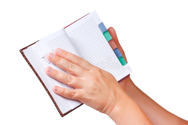 Open notebook in the hands stock photo. Image of book - 21061628