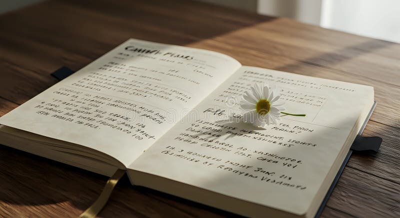 Open Notebook with Handwritten Notes and Daisy on a Wooden Table Stock ...