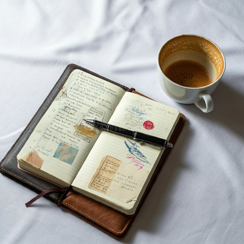 Open Notebook with Handwritten Notes, Illustrations, and Stamps, Lying ...