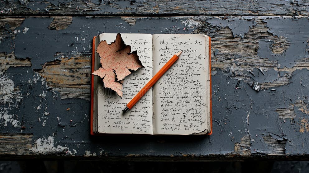 Open Notebook with Handwritten Notes a Pencil and a Dried Leaf on a ...