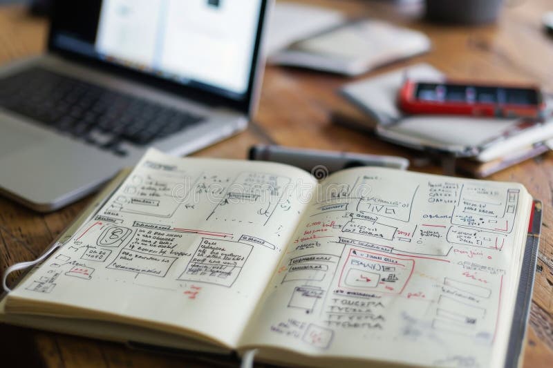 An Open Notebook with Handwritten Notes and Sketches Placed on a Wooden ...