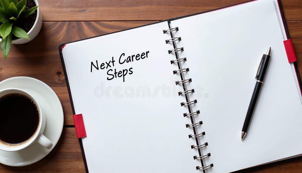 Open Notebook with Handwritten Text on Career Steps beside Coffee Stock ...