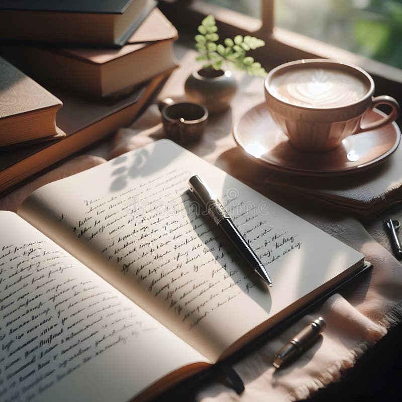 An Open Notebook with Handwritten Text on a Table, Accompanied by a Pen ...