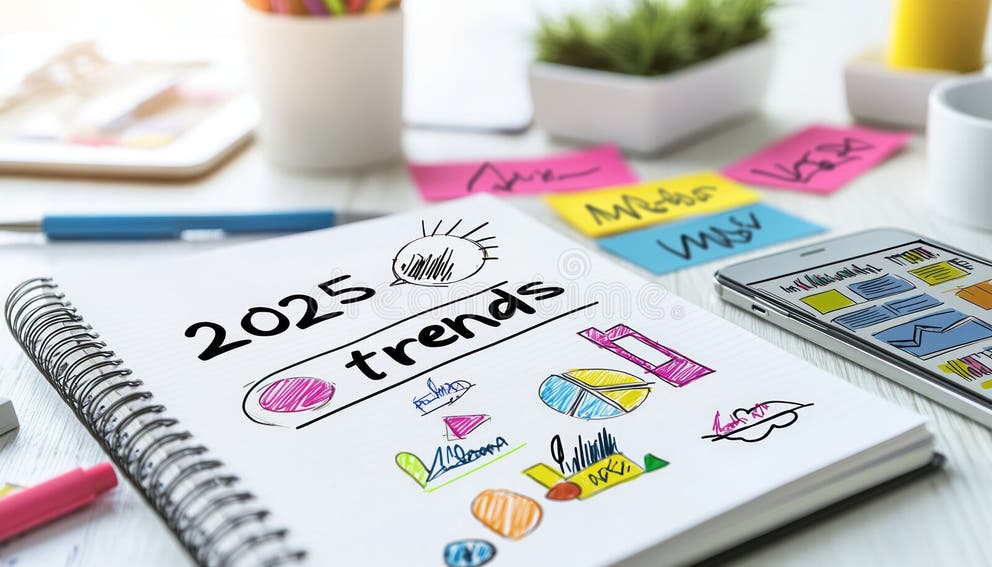 Open Notebook with Handwritten 2025 Trends, Colorful Sketches, and ...