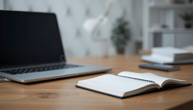 Open Notebook Laptop Workspace Minimalist Wooden Desk Setting Stock ...