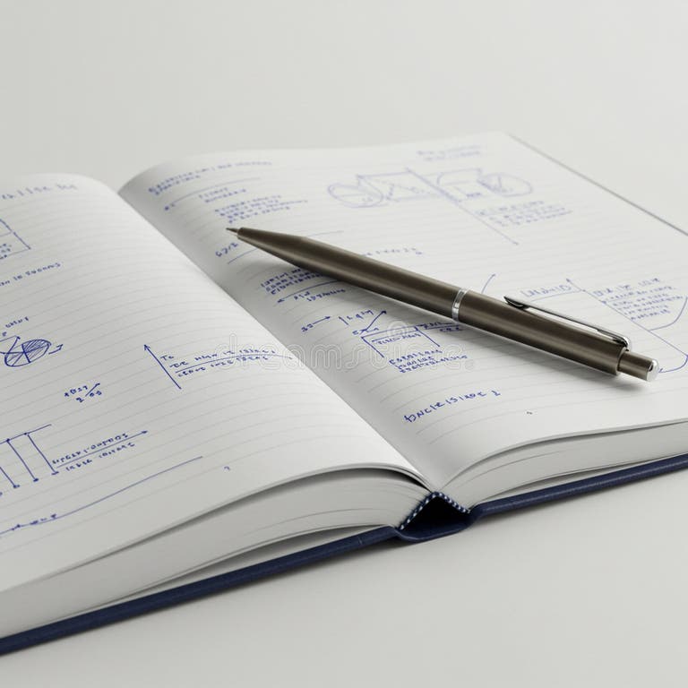 Open Notebook with Lined Pages, Containing Blue-ink Sketches and Notes ...