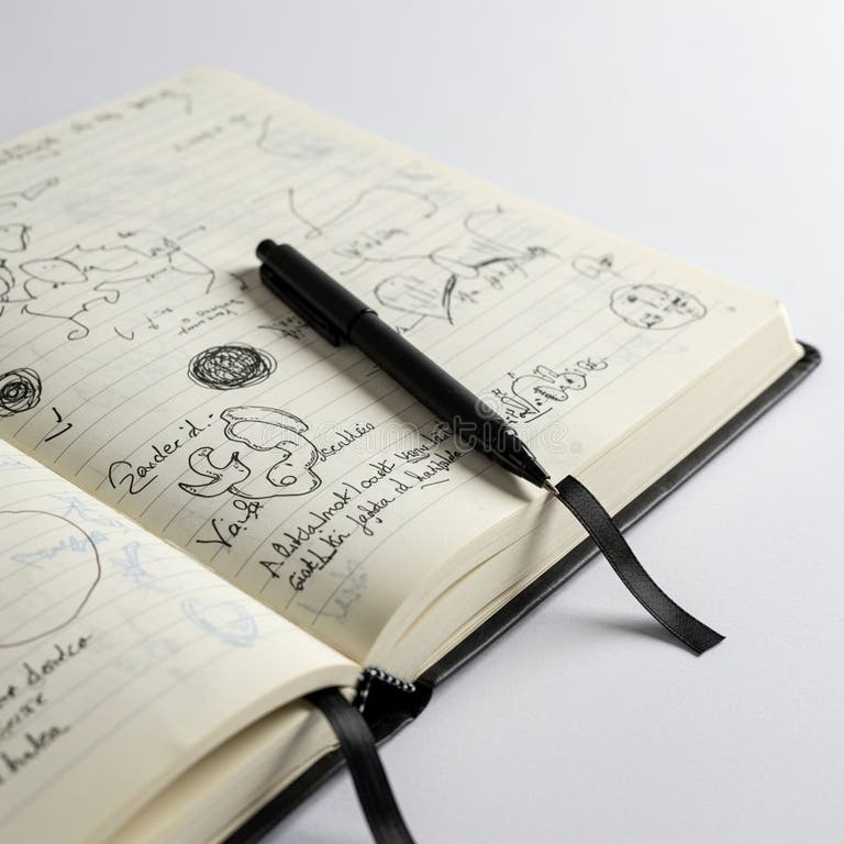 Open Notebook with Lined Pages Featuring Pen Sketches and Handwritten ...