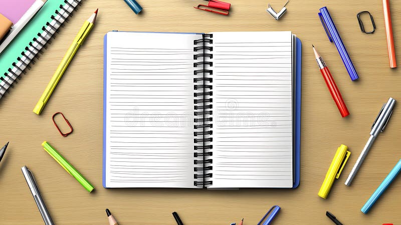 An Open Notebook with Neatly Written Notes, Surrounded by Various Pens ...