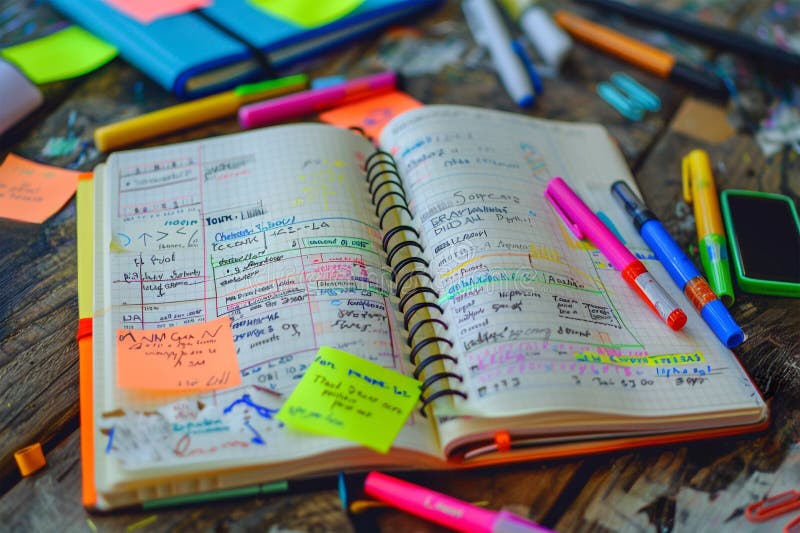 Open Notebook with Pages Filled with Handwritten Notes, Surrounded by ...