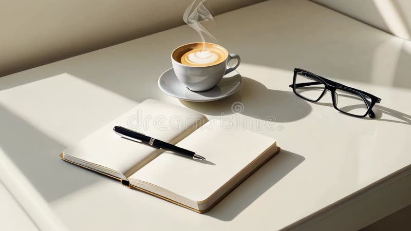 Open Notebook with Pen, Coffee Cup, and Glasses on Sunlit Table ...