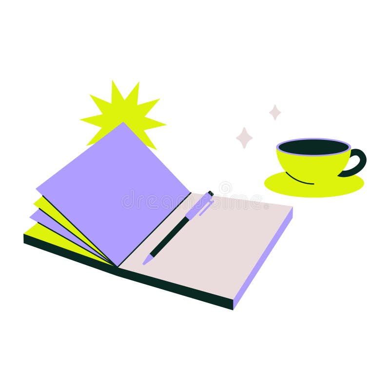 Open Notebook with Pen and Tea Cup in Flat Vector Illustration ...