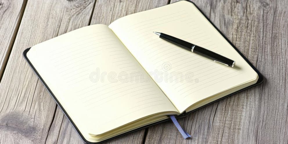 Open Notebook with Pen for Ideas and Planning on Wooden Table, Focus ...