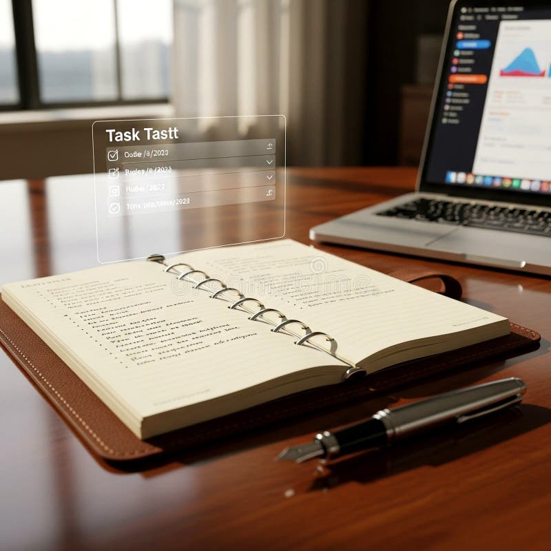 Open Notebook with Pen Laptop and Task List Overlayed Image Stock ...