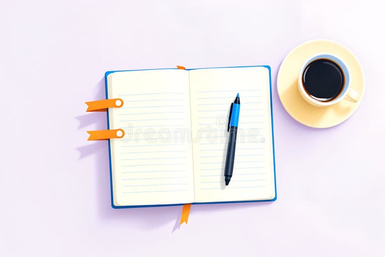 Open Notebook with Pen Orange Bookmarks and Coffee Cup on a Light ...