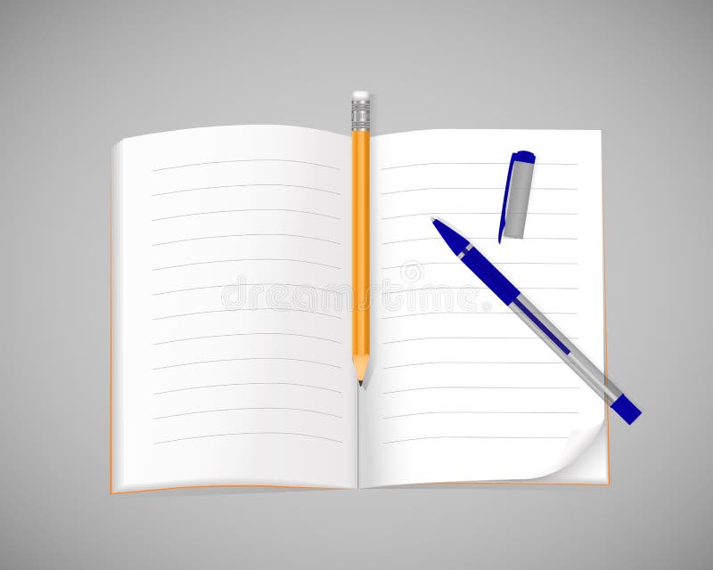 Open Notebook with Pen and Pencil. Stock Vector - Illustration of memo ... Open Notebook with Pen and Pencil. Stock Vector - Illustration of memo ...