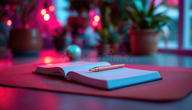 Open Notebook with Pen on Table in Relaxing Pink Ambient Light Stock ...