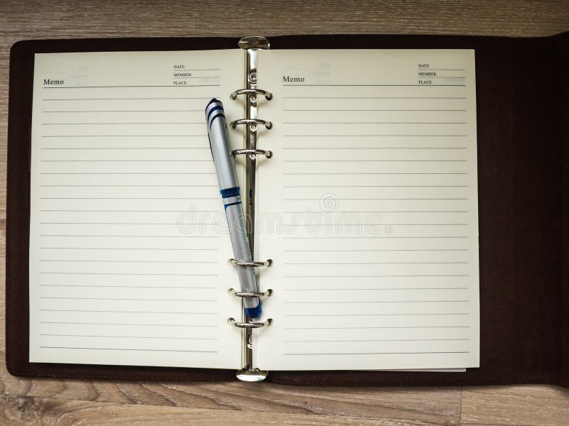 Open Notebook and Pen on Wooden Desk Stock Image - Image of blank ...