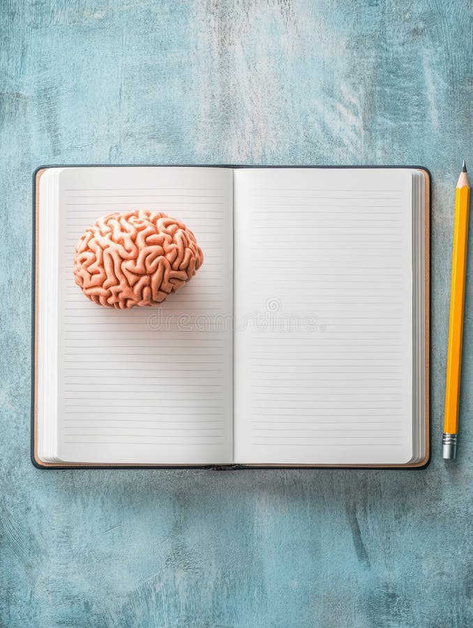 Open Notebook with Pencil and Brain Model on Bright Wooden Desk in ...