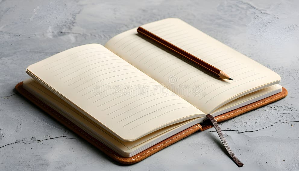 Open Notebook and Pencil on Grey Table, Flat Lay Stock Illustration ...