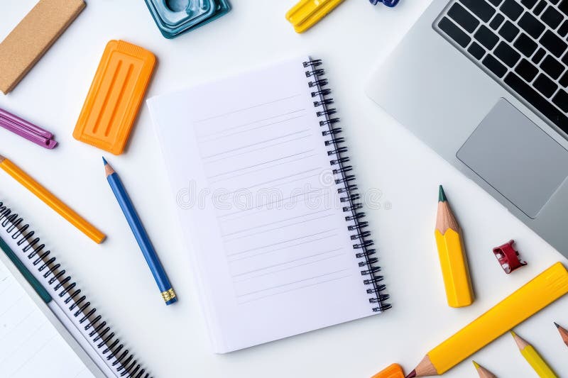 Open Notebook with Pencils and Laptop on White Desk Stock Illustration ...