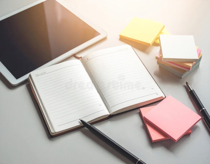 Open Notebook with Pens Sticky Notes and Tablet on Light Surface Top ...