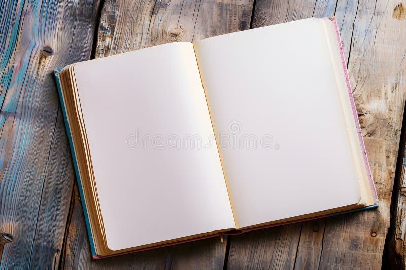 Open Notebook with Plain Sheets Placed on Rural Wooden Table Stock ...