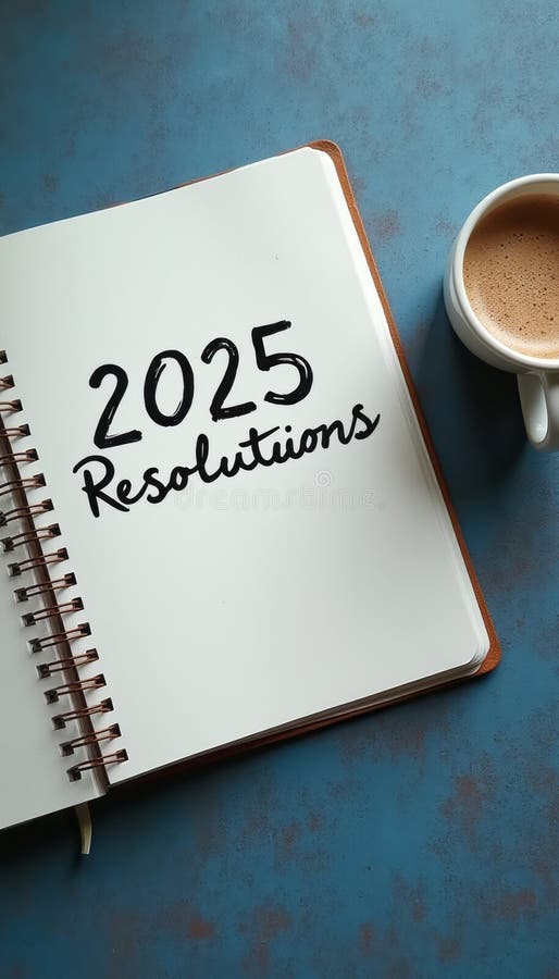 Open Notebook with 2025 Resolutions Written on the Page Next To a Cup ...