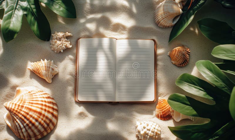 Open Notebook on Sandy Beach Surrounded by Seashells and Tropical ...
