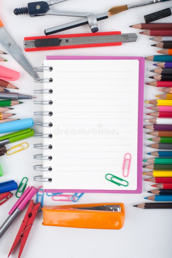 Open Notebook and School or Office Tools on White Background Stock ...