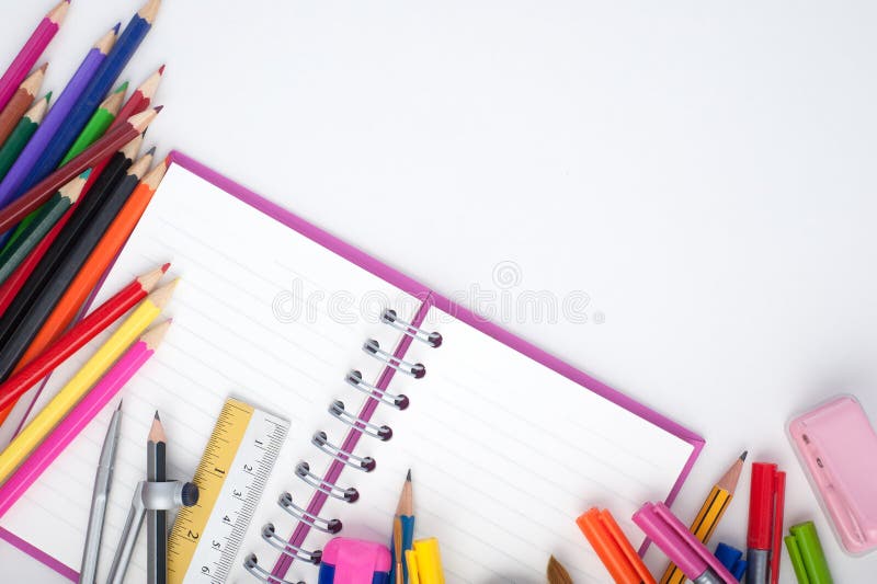 Open Notebook and School or Office Tools on White Background Stock ...