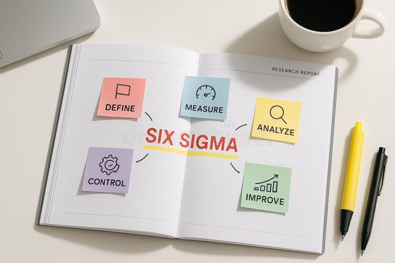 Open Notebook with Six Sigma Process Steps Written on Colorful Sticky ...