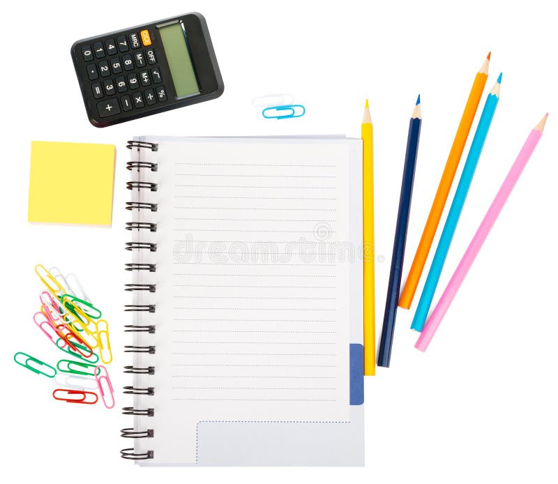 Open Notebook with Stationery and Calculator Stock Image - Image of ...