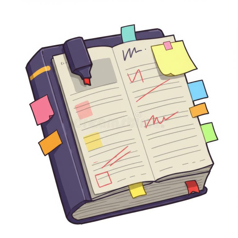 Open Notebook with Sticky Notes and Marker Stock Illustration ...