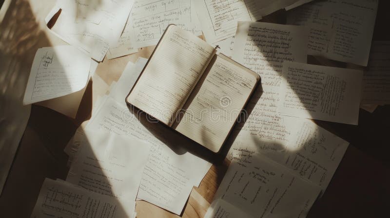 Open Notebook Surrounded by Scattered Handwritten Papers Under Soft ...