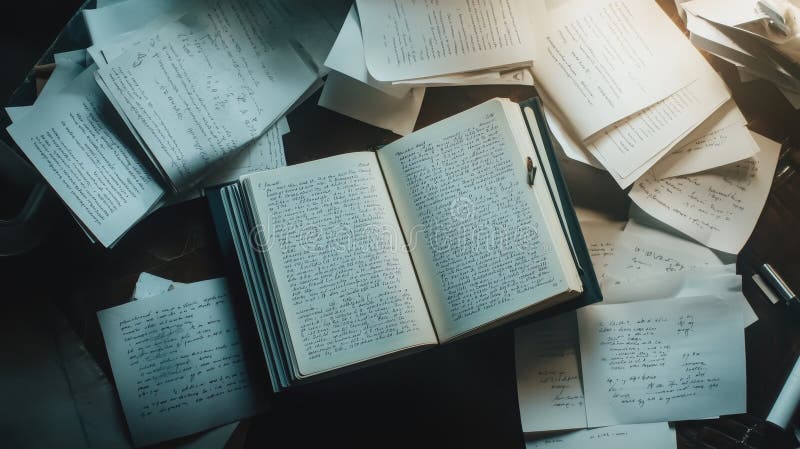 Open Notebook Surrounded by Scattered Papers with Handwritten Notes on ...