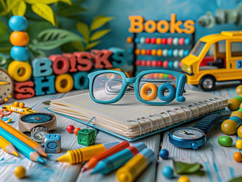 Open Notebook on a Table with Essential School Supplies Including ...