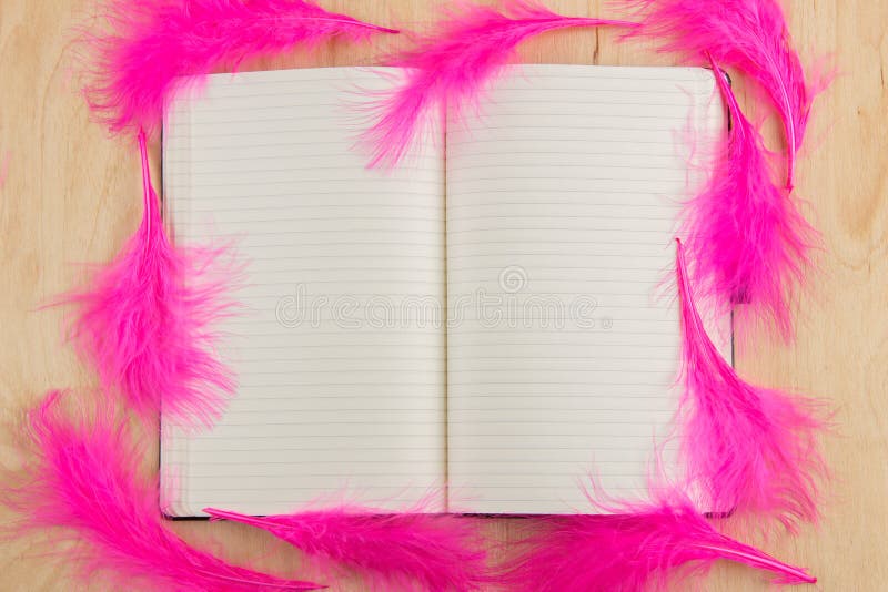 Open Notebook with White Pages and Pink Feathers on a Wooden Tab Stock ...