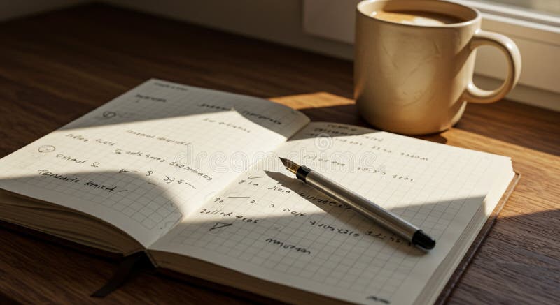 Open Notebook on a Wooden Surface, Featuring Handwritten Notes and ...