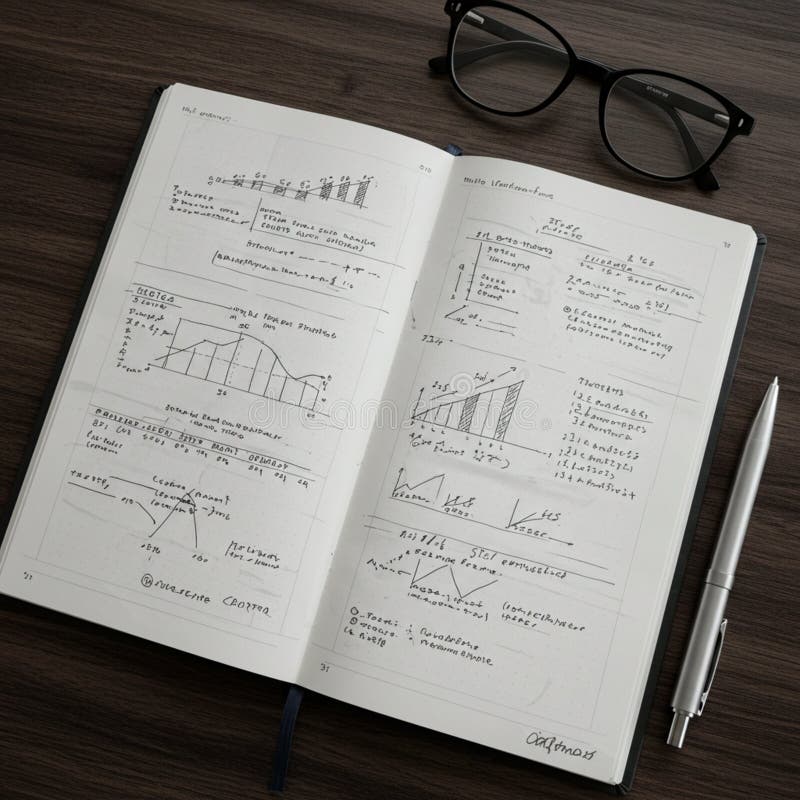 Open Notebook on a Wooden Table with Hand-drawn Graphs, Charts, and ...